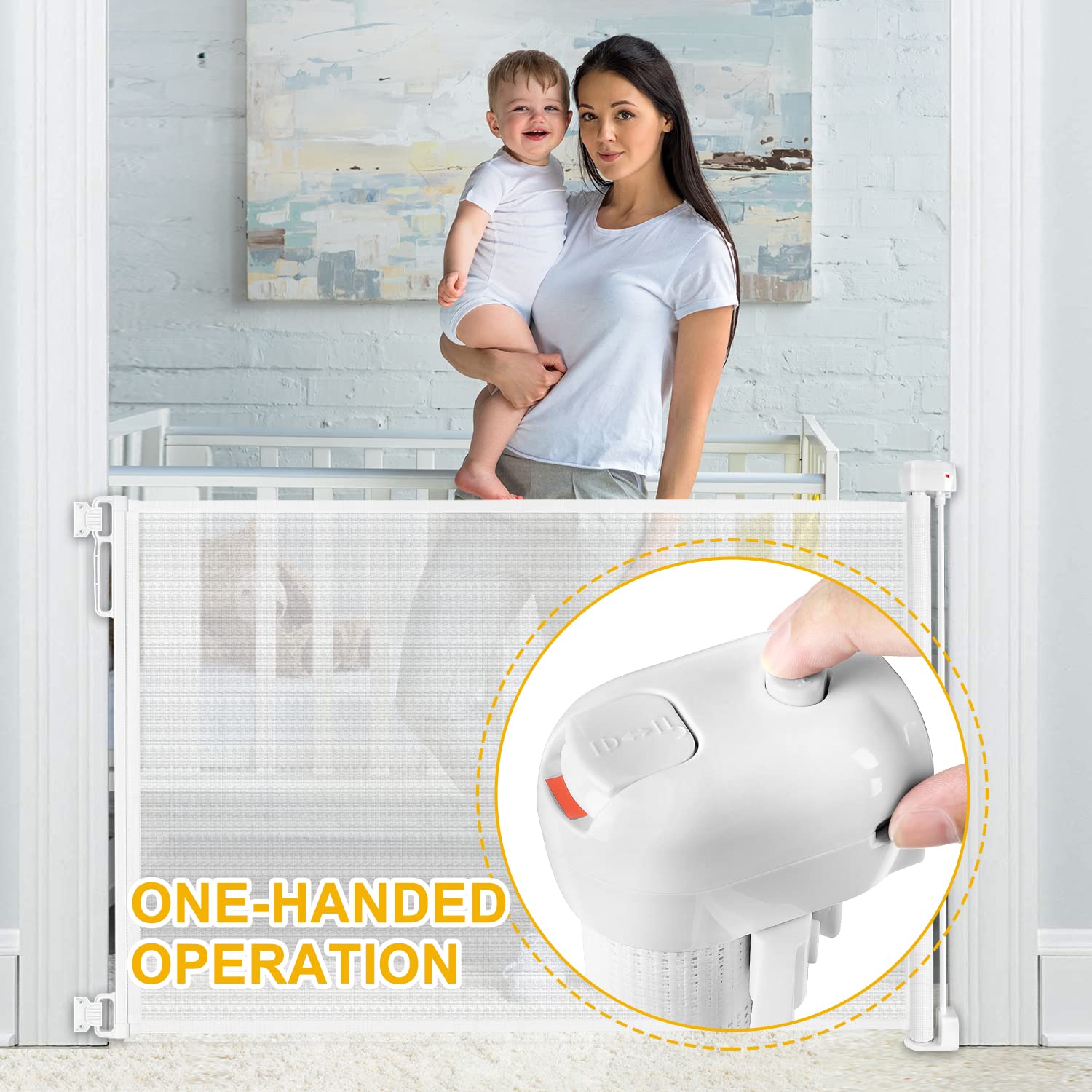 Retractable Baby Gate 54β Tough Durable Mesh Outdoor Retractable Gate Indoor Safety Mesh Baby Gates, Pet Dog Gate