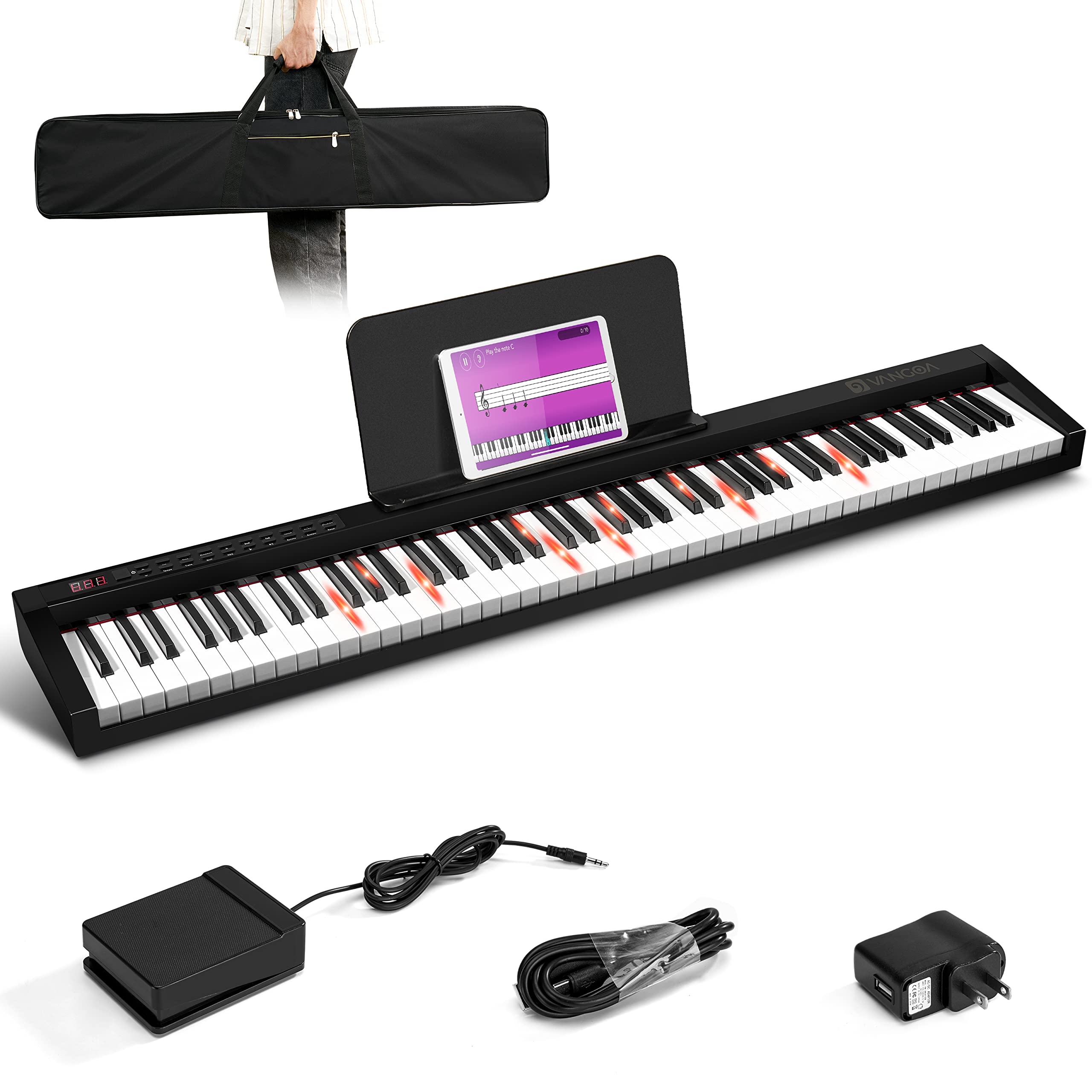 Vangoa Portable Piano Keyboard for Beginner, 88 Lighted Keys for Learning Full Size Piano, Wireless Connection, Sustain Pedal, Power Supply and Gig Bag, Black