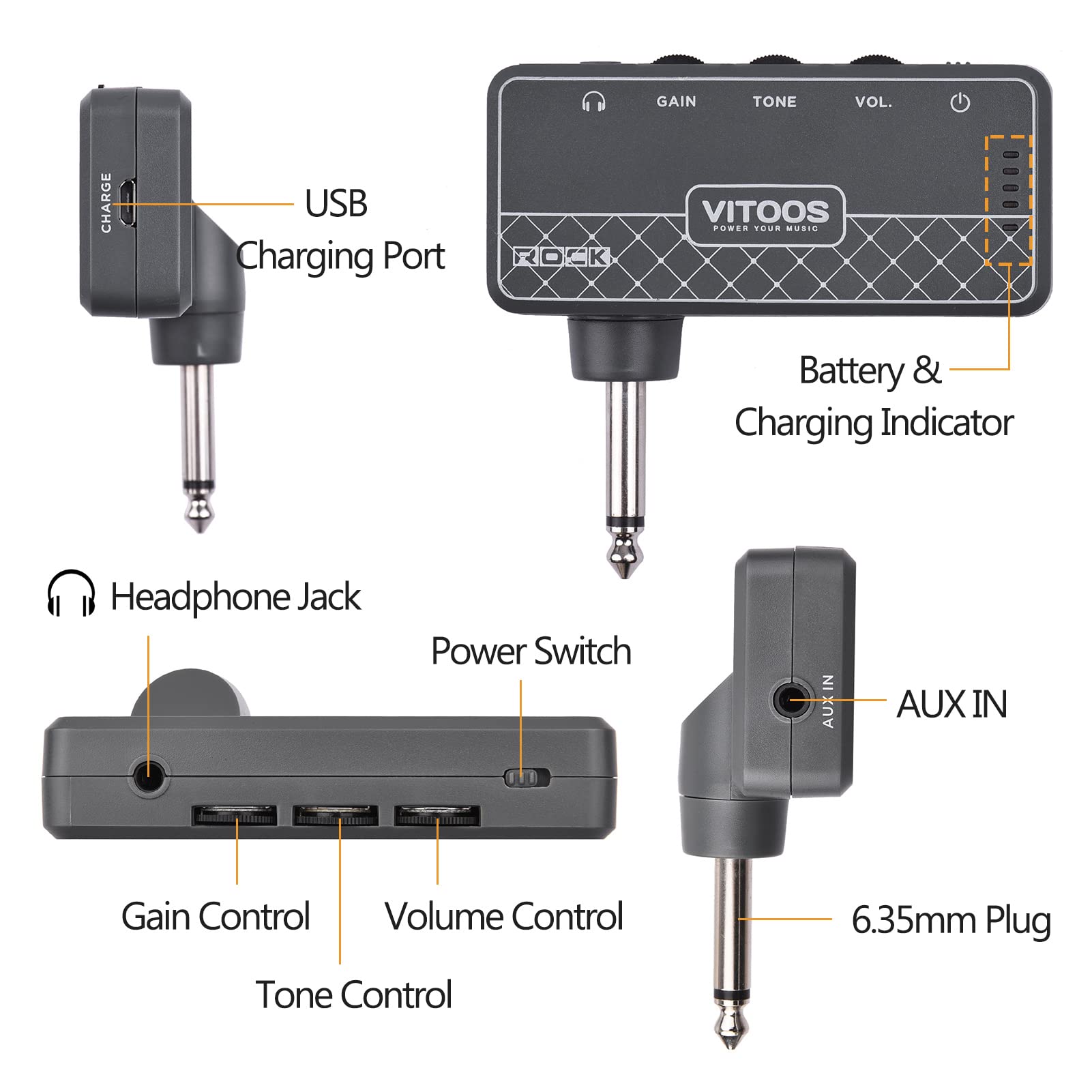Rock Guitar Headphone Amplifier Amp Micro Headphone Guitar Stereo Rock Tone Amp Amplifier with Free Splitter Plug USB