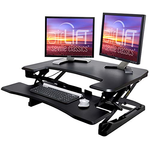 Seville Classics Airlift Height Adjustable Sit Converter Workstation Standing Ergonomic Dual Monitor Riser Keyboard Tray & Phone/Tablet Holder, Cut-Out Desk 35", Black