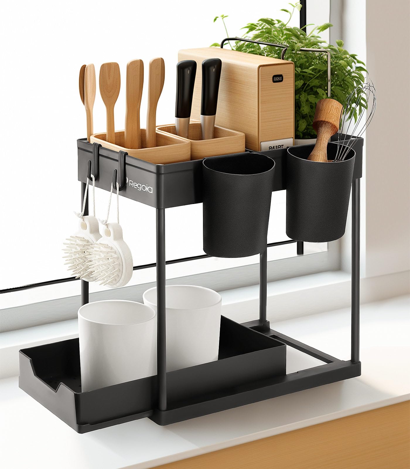 Regoia Under Sink Organizer and Storage 2 Pack with 1 Sponge Holder for Kitchen Sink, 2-Tier Sliding Bathroom Organizers and Storage, Kitchen Countertop Organization with Hooks and Hanging Cup, Black