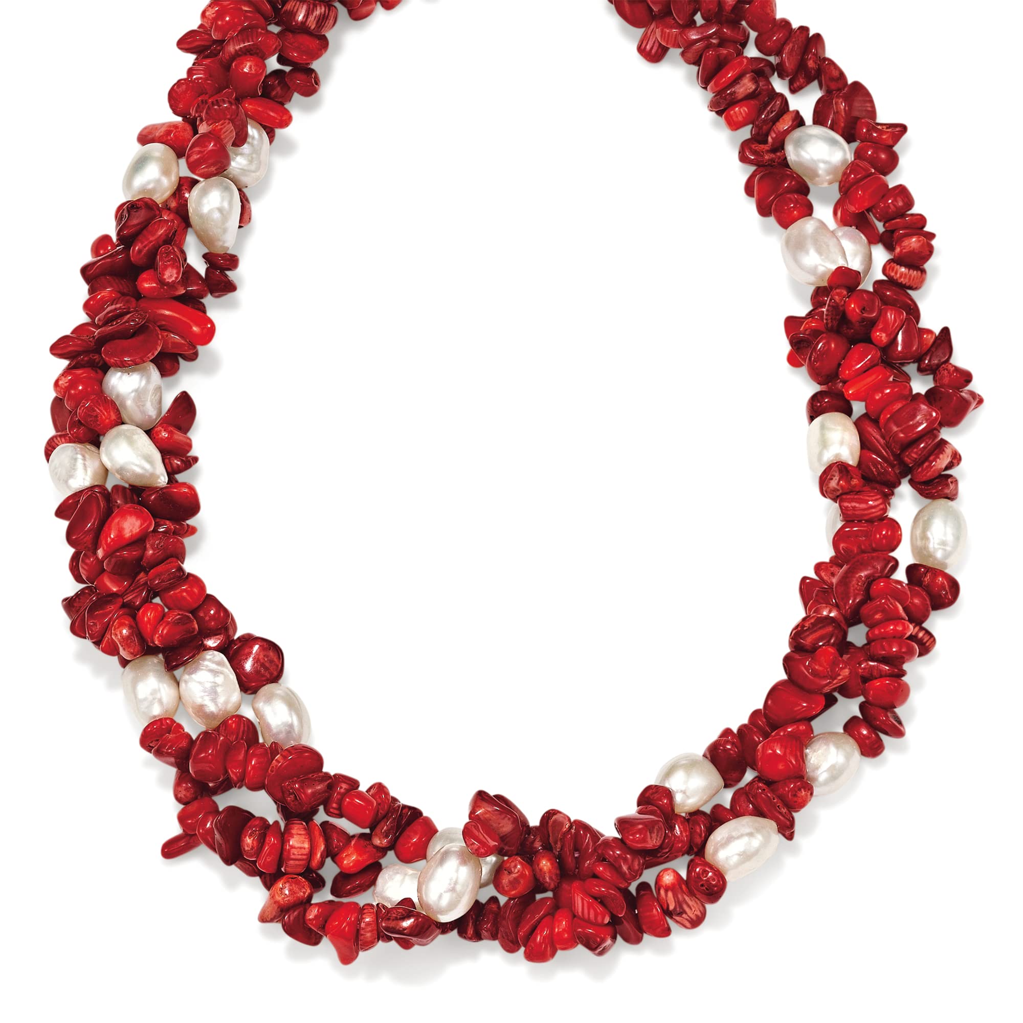 Ross-Simons 4-9mm Red Coral Bead and 7-8mm Cultured Pearl 3-Strand Necklace With Sterling Silver. 17.5 inches