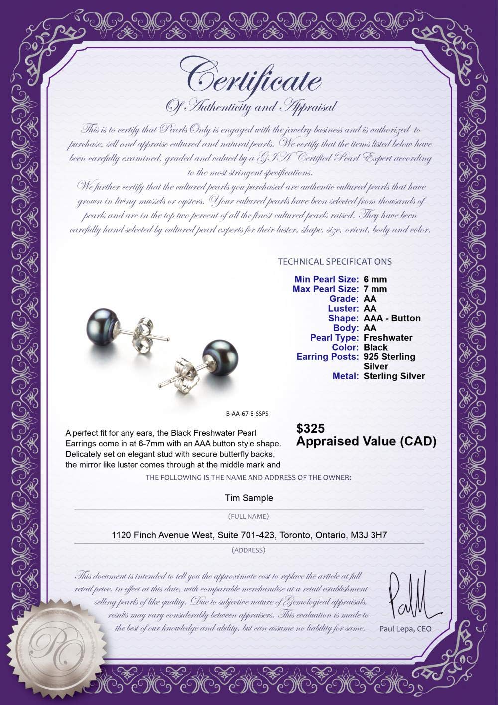 PearlsOnly Black 6.0-7.0mm AA Cultured Freshwater Pearl Earring Set-Sterling-Silver-Posts