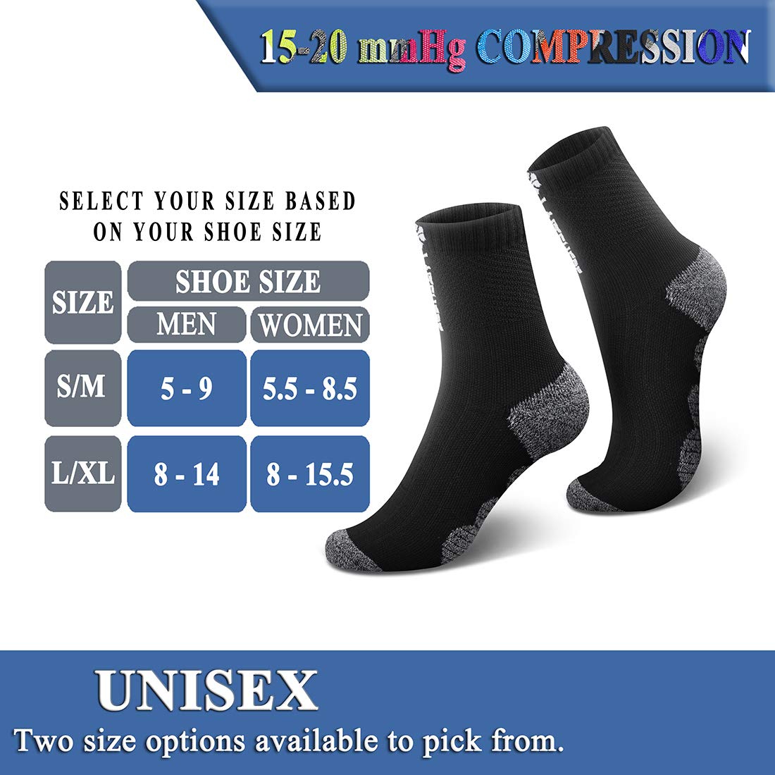 QUXIANG Compression Socks for Women & Men Circulation 3/6/7 Pairs Arch Ankle Support 15-20 mmHg Best for Running Cycling (Multi 31,L/XL)