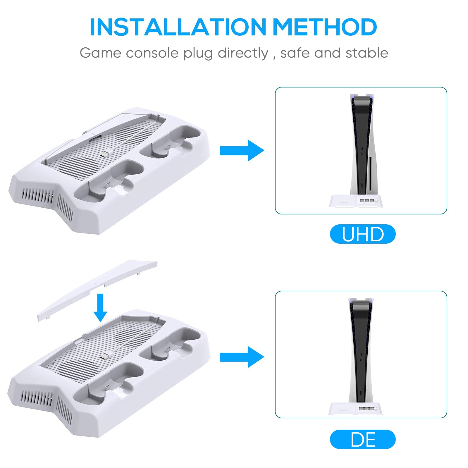 Vertical Stand for PlayStation 5 with Cooling Fan Charging Station for PS5 Digital Edition/Ultra HD Console with Controller Charger Game Rack Storage Organizer USB Ports for PS5 and DualSense-White