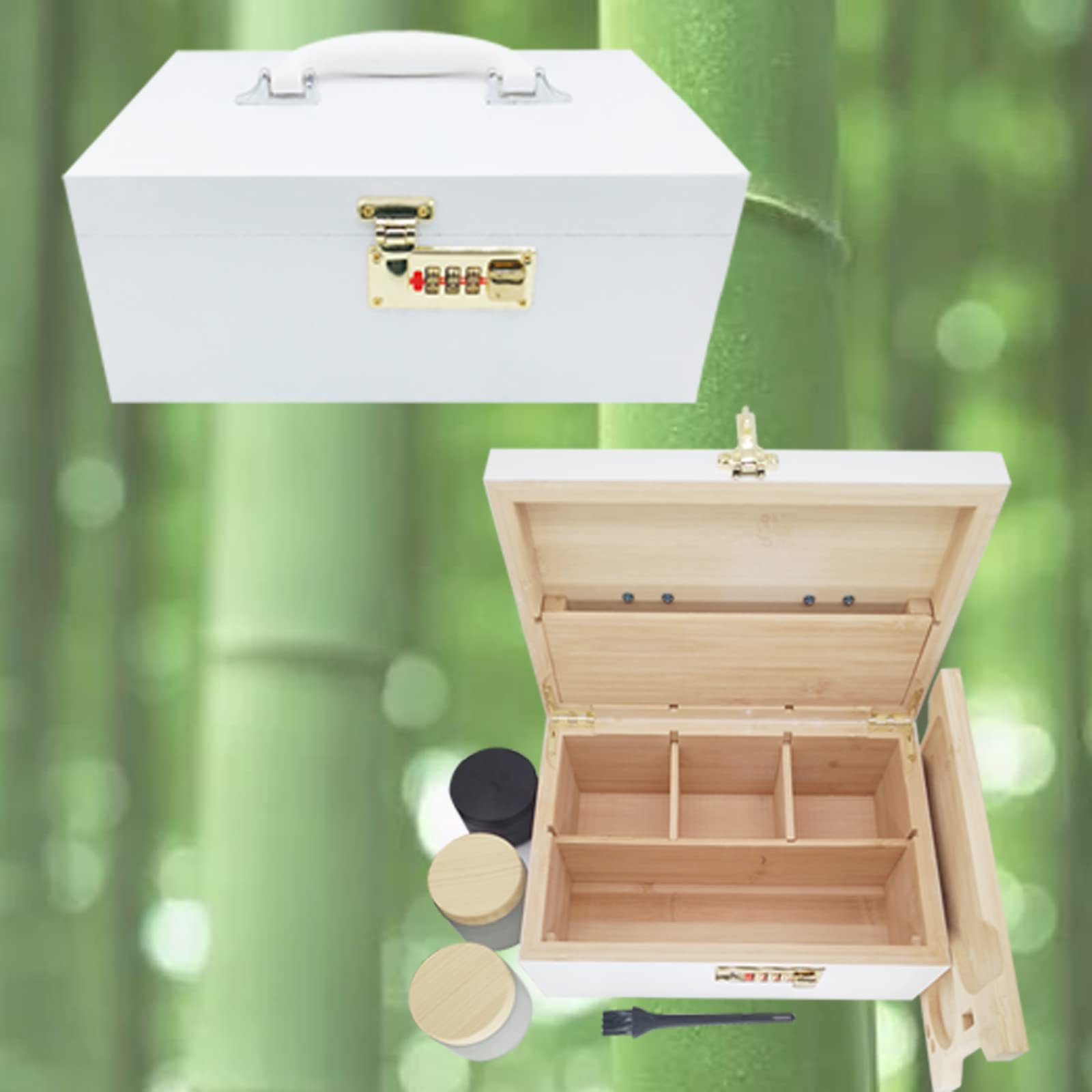 stash box,stash box with lock ,Large bamboo stash box,With glass jar, grinder,removable tray and brush (9.8*6.7*4.3 inches)