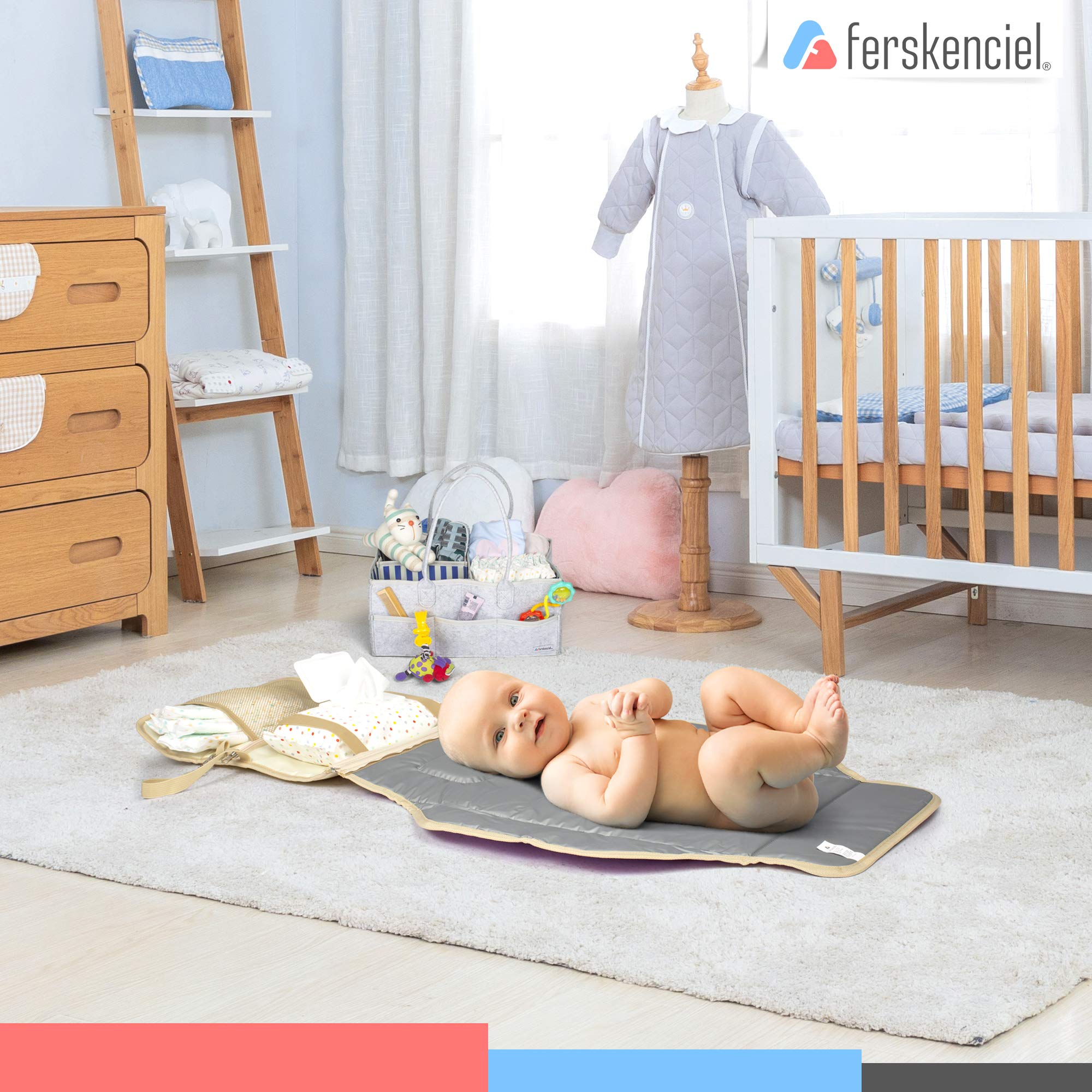 Portable Baby Diaper Changing Pad (Bubblegum) by Ferskenciel. Travel Nappy Change Station with Comfy Padding, Head Pillow, Stroller Strap & Zipper Pockets. Large, Foldable, Waterproof & Easy-Wipe Mat
