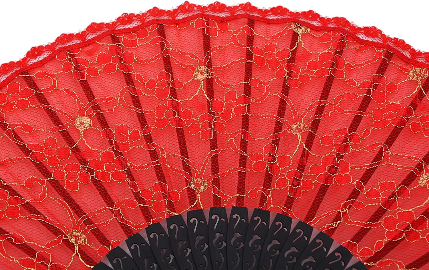 Womens Multi Color Handmade Cotton Lace Folding Hand Fan (Black-A) (Red-a)