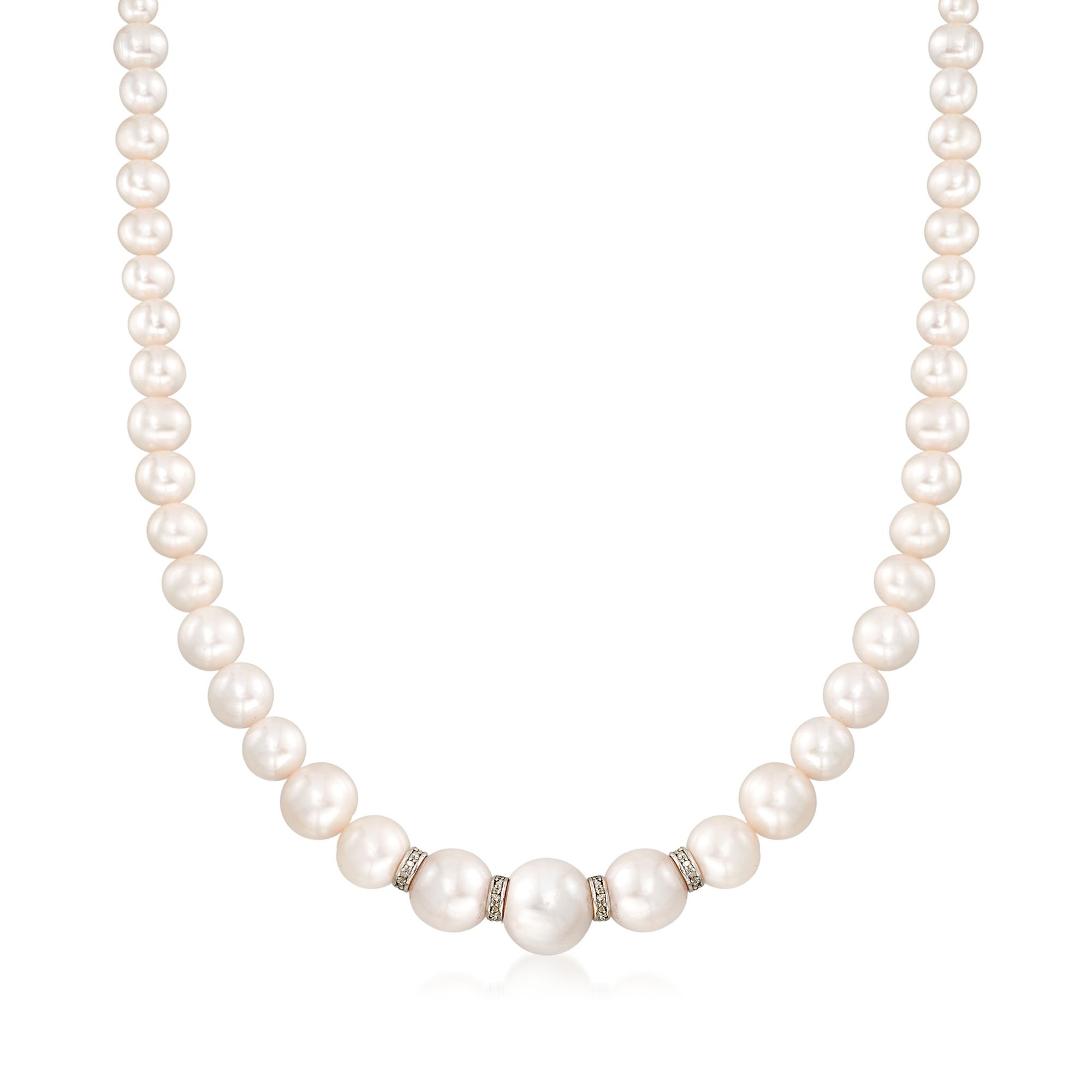 Ross-Simons 5-11.5mm Graduated Cultured Pearl Necklace With .24 ct. t.w. Diamonds and Sterling Silver. 16 inches