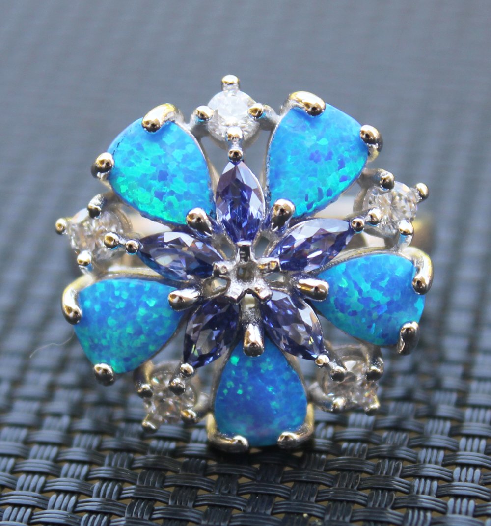 Oxford Diamond Co Gorgeous Lab Created Blue Fire Opal & Cubic Zirconia Flower .925 Sterling Silver Ring Sizes 8 SRO16905