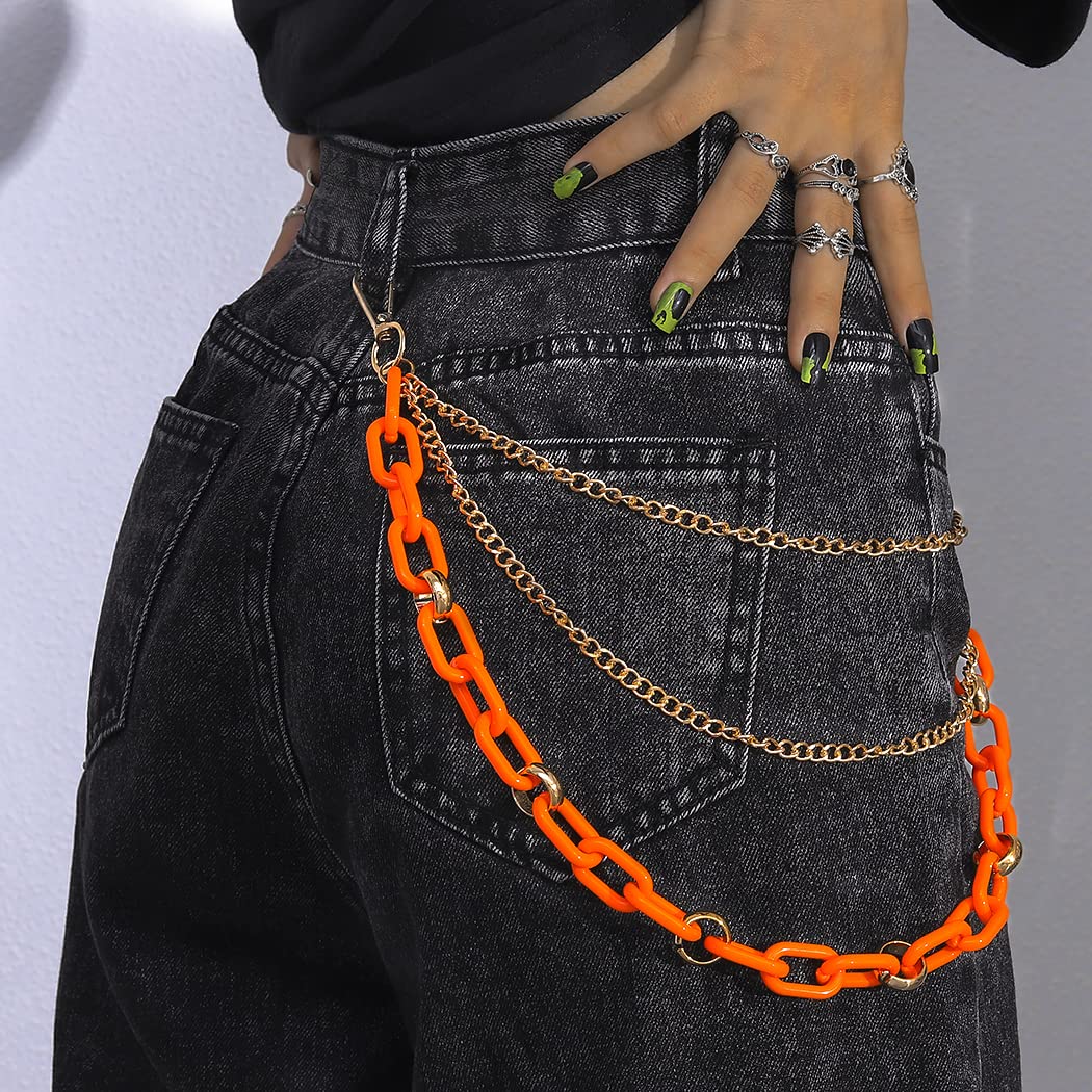 Zehope Layered Acrylic Pant Chains Orange Trousers Chains Hip Hop Jean Chain for Women and Men (orange)