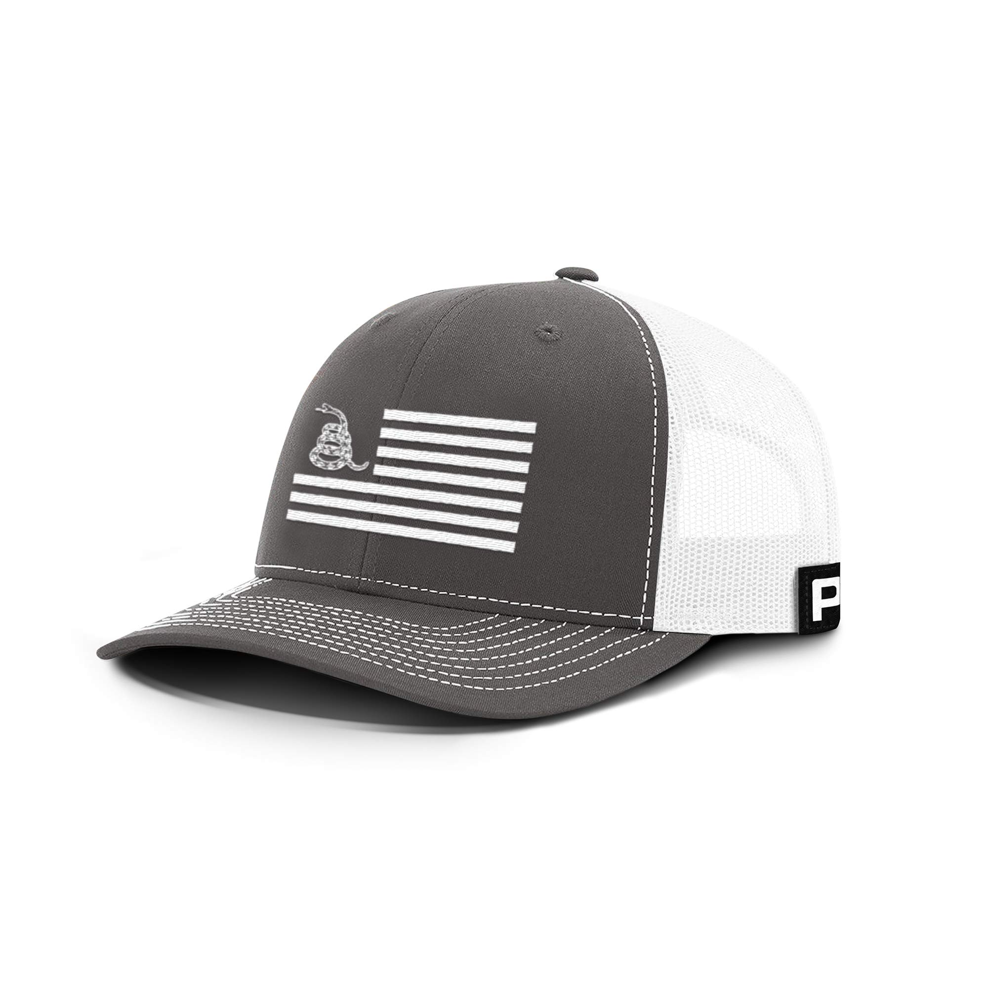 Printed Kicks Don’t Tread On Me White USA Flag Back Mesh Hat DTOM Gadsden Flag Cap Snake (Charcoal Front/White Mesh)