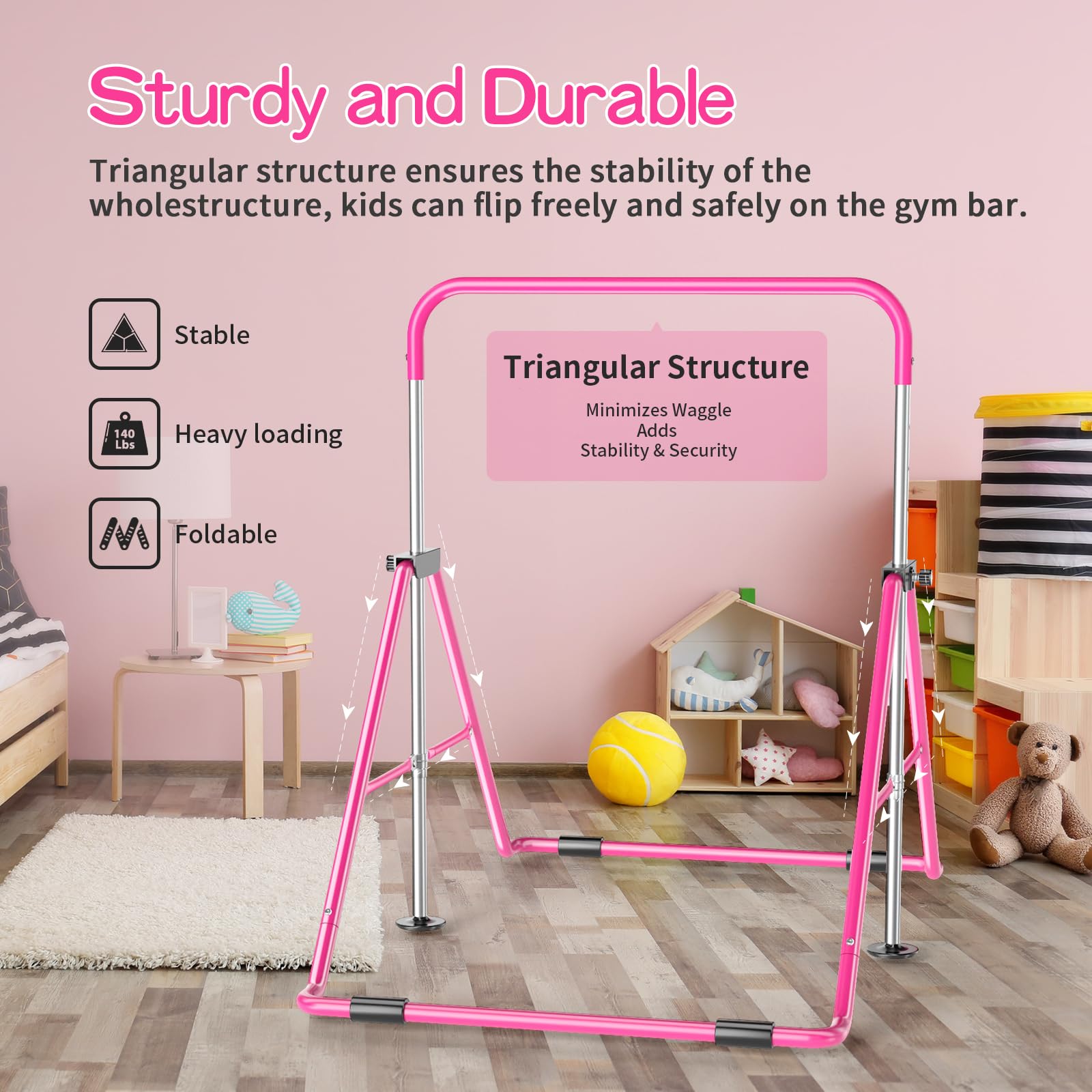 Safly Fun Gymnastics Bar for Kids, Adjustable Height Horizontal Bar Foldable Gymnastic Junior Training Bar Kip Bar for Home Using Gymnastics Equipment Indoor