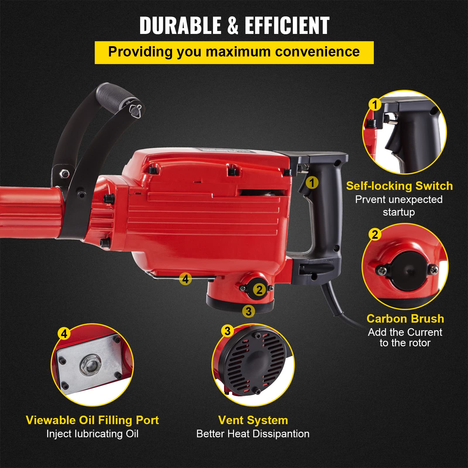 VEVOR Demolition Jack Hammer Jack Hammer Concrete Breaker 1200 BPM Heavy Duty Electric Jack Hammer 3 Chisel Bit W/Gloves & 360° Swiveling Front Handle for Trenching, Chipping, Breaking Holes
