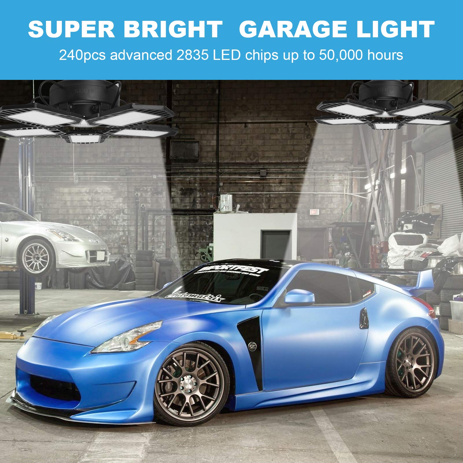 SEQI LED Garage Lights, 150W Deformable Garage Light 15000LM Daylight White 6000K, LED Shop Lights with 5 Adjustable Panels, Super Bright Garage Ceiling Light Work Lighting for Basement Workshop