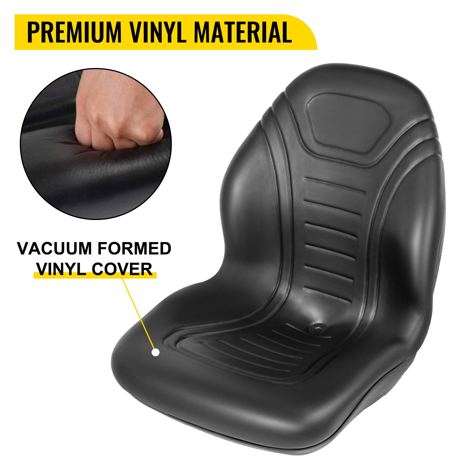 VEVOR Universal Tractor Seat Replacement, Compact High Back Mower Seat, Grey Vinyl Forklift Seat, Central Drain Hole Skid Steer Seat with Mounting Bolt Patterns of 8" x 11.5" & 11.25" x 11.5"