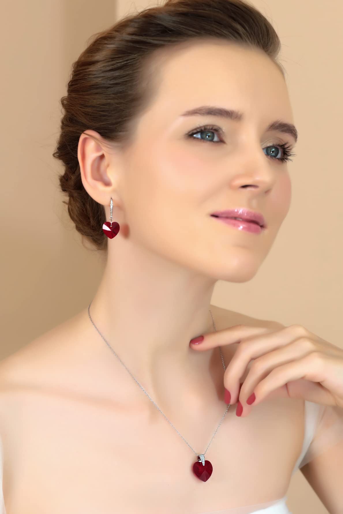 Red Earrings for Women Sterling Silver European Crystals Love Heart Dangle EarringsValentines Gift