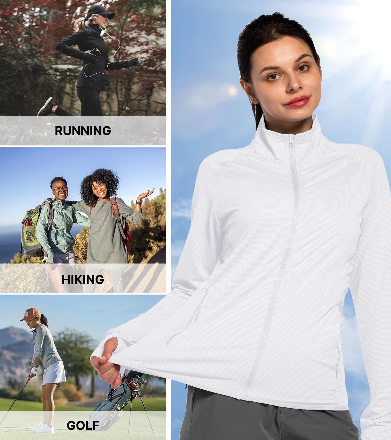Women UPF 50+ UV Sun Protection Shirt Long Sleeve Golf Light Jacket SPF Hiking Running Shirts with Zip Pockets White XL