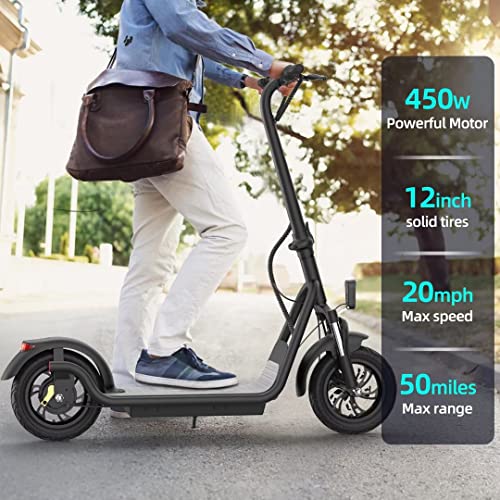 TOMOLOO Electric Scooter Adults, 12-inch Off Road Shock-Absorbing Solid Tire, UL Certified Electric Scooters Up to 18 MPH and 49.7 Miles Portable Folding Commuting All Terrain Scooters