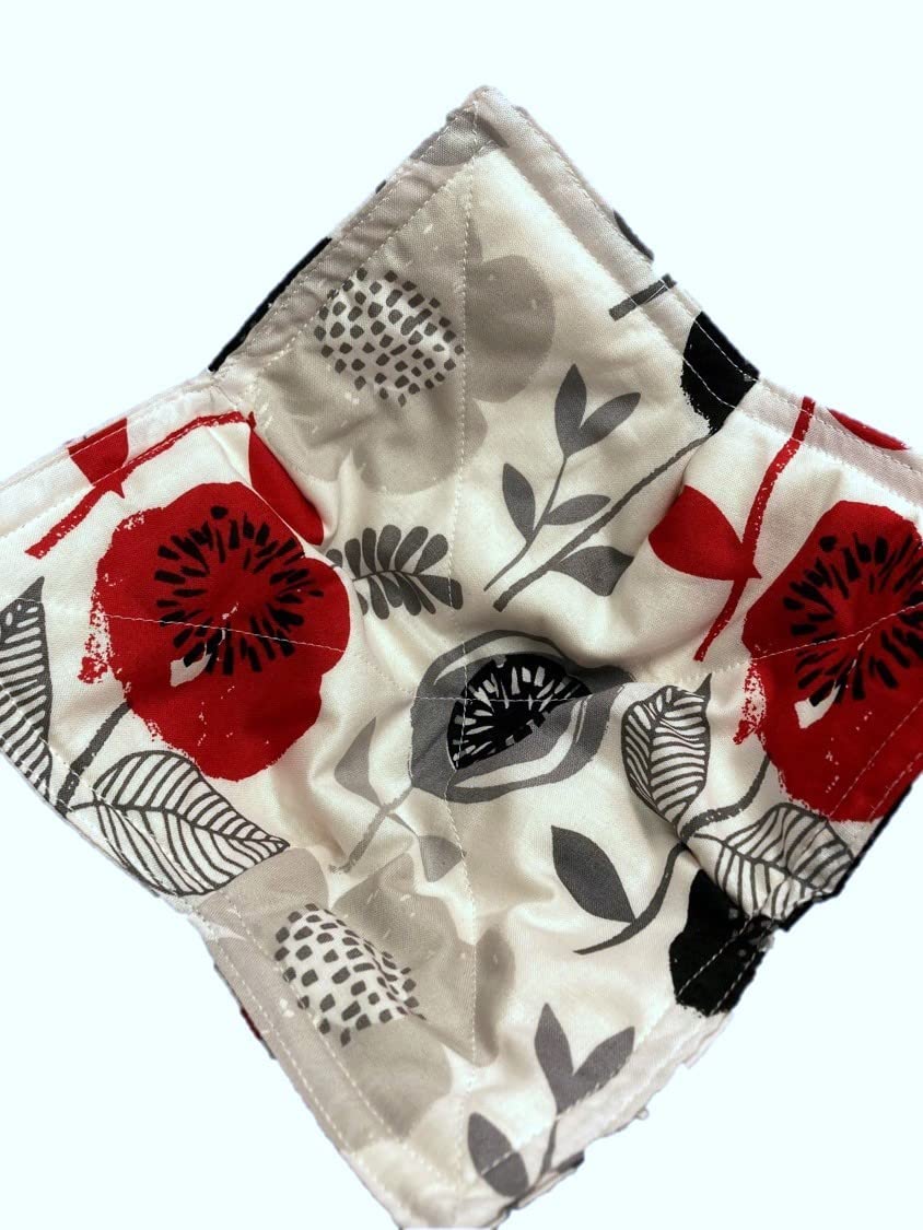 Prettiest Floral Print Microwave Bowl Cozy - 8.5 inches for up to 8 inch bowls - Home Made in Texas, USA (Modern Rosie in White with Red & Black)