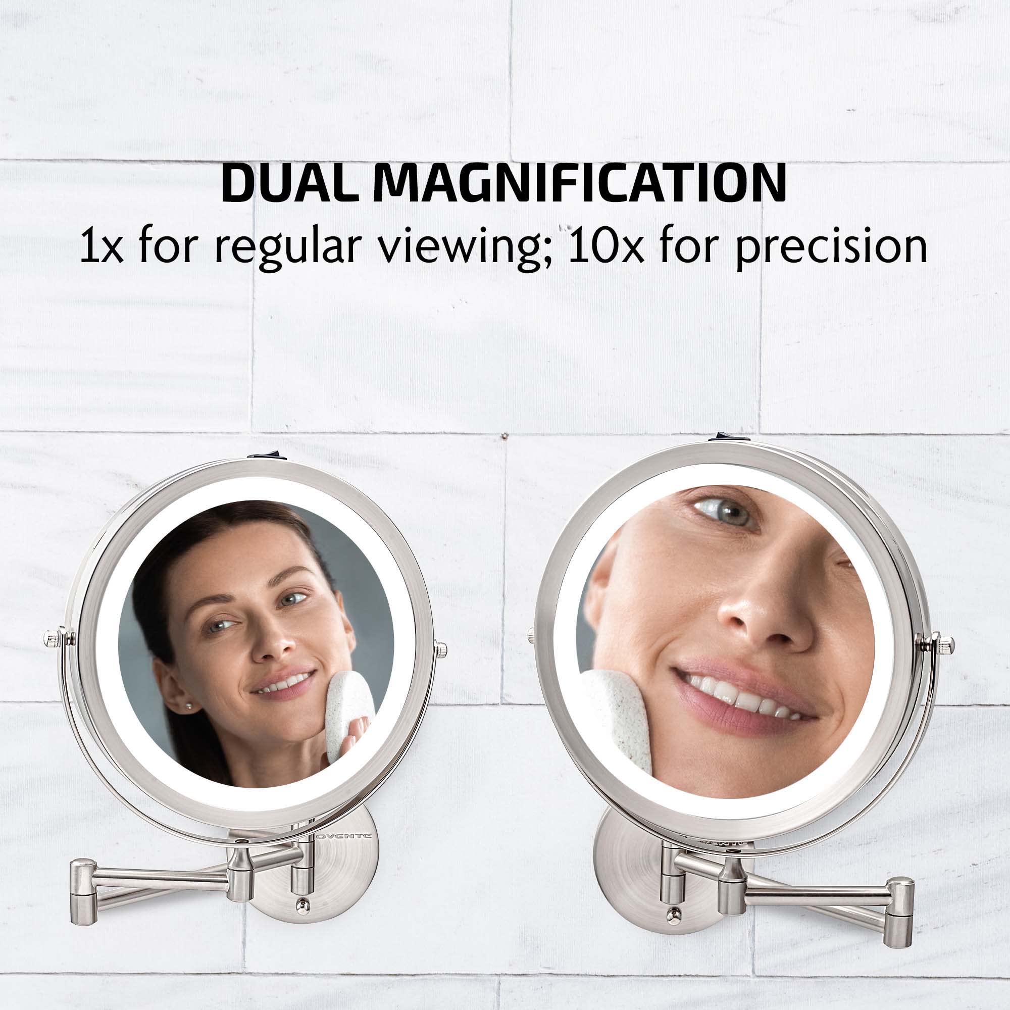 Ovente 8.6" Lighted Wall Mount Makeup Mirror, 1X & 10X Magnifier, Adjustable Double Sided Round LED, Extend, Retractable & Folding Arm, Compact & Cordless, Battery Powered Nickel Brushed MFW85BR1X10X