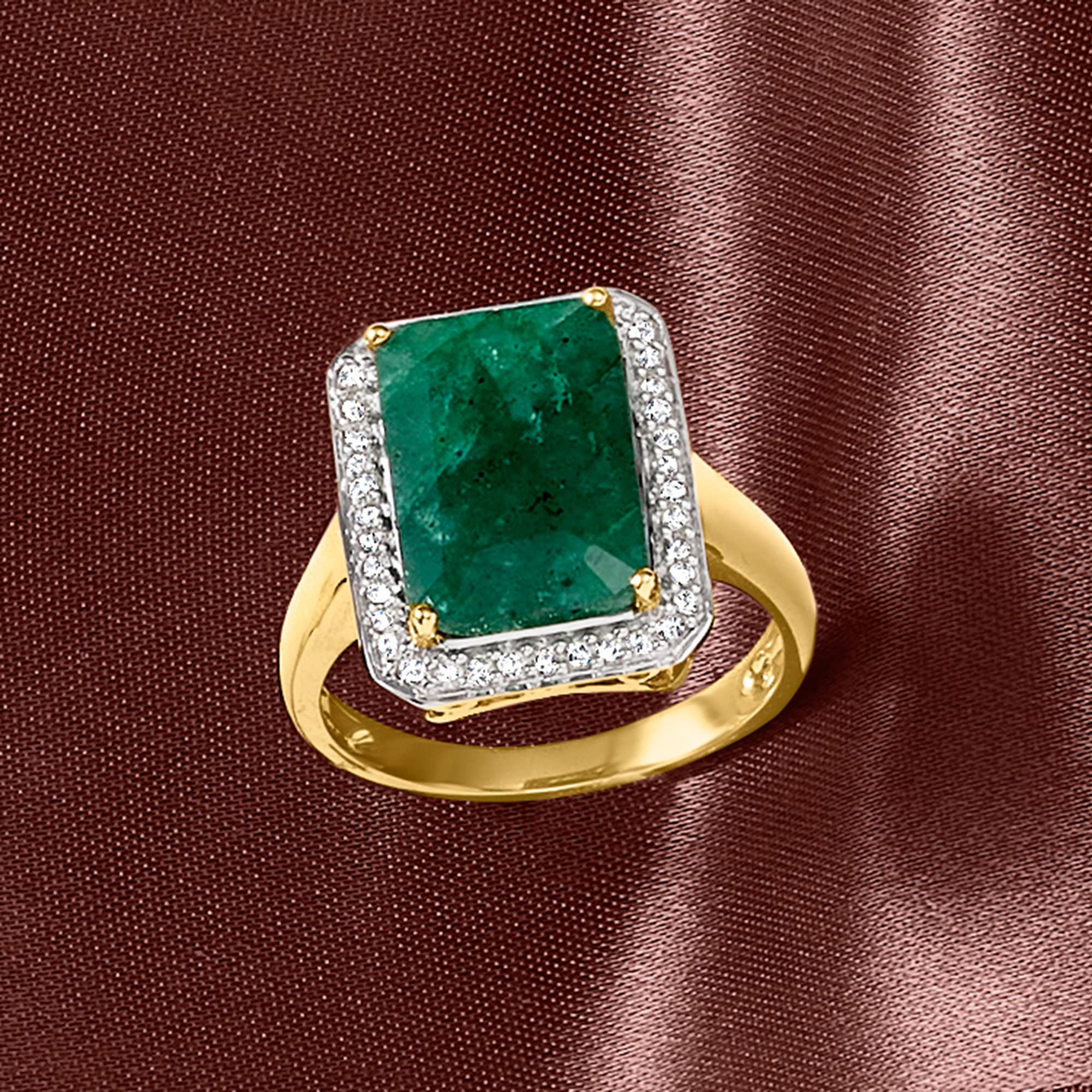 Ross-Simons 5.50 Carat Emerald and .20 ct. t.w. Diamond Ring in 14kt Yellow Gold. Size 10