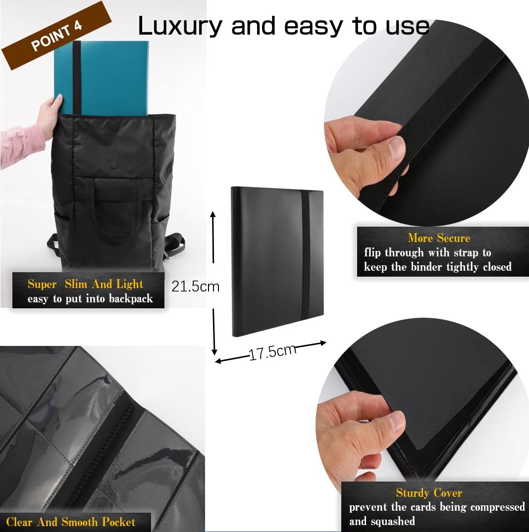 Venssu 4 pocket trading card album folder,160 side loading pocket binder for TCG MTG,card binder,card collection folder,trading card binder with strap,mtg card binder(black)
