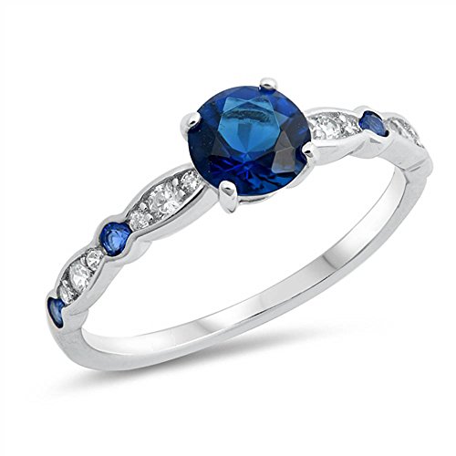 Oxford Diamond Co Sterling Silver Blue Sapphire Round Solitaire & Cubic Zirconia Ring Sizes 7