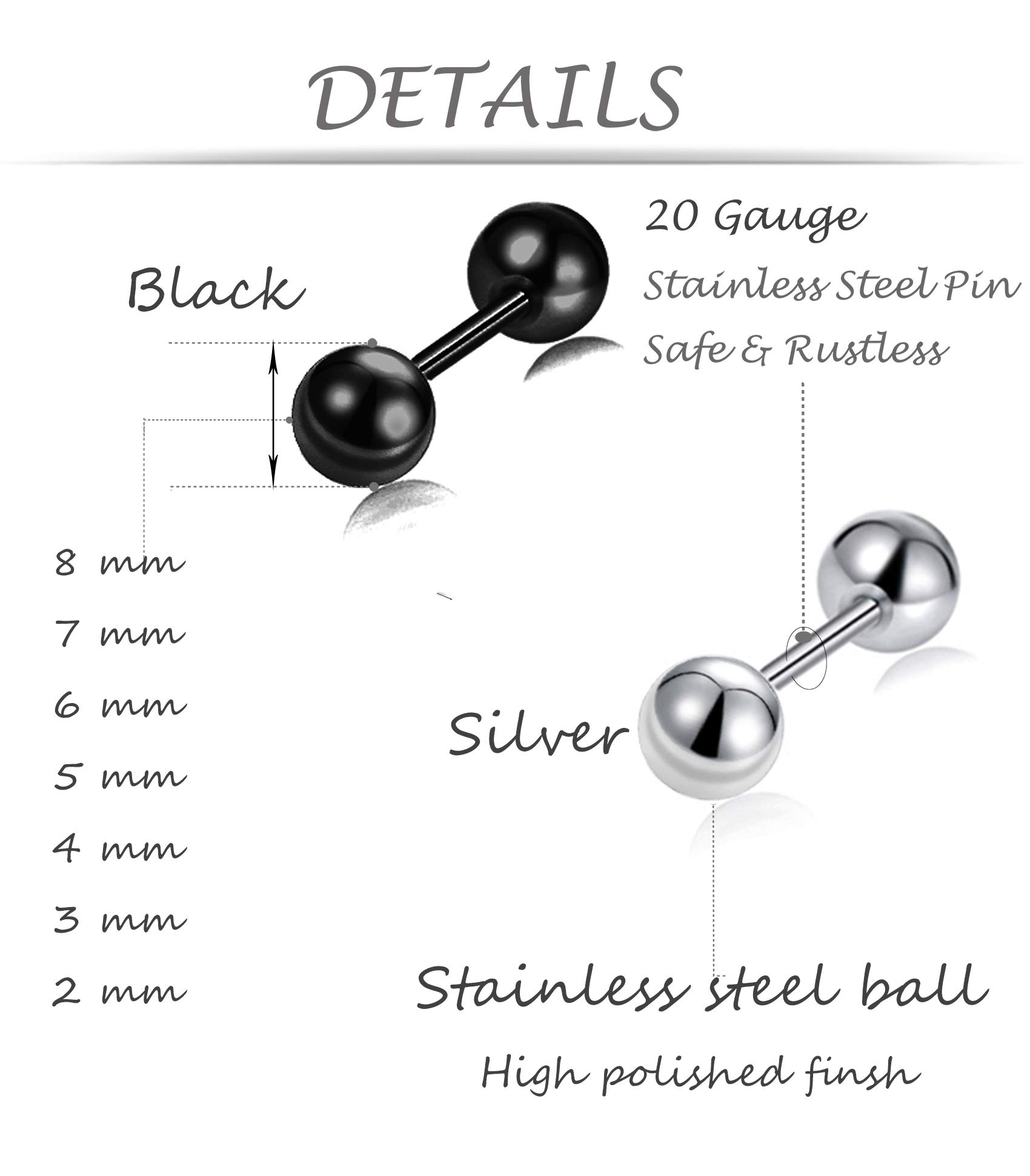 Tornito 14 Pairs Stainless Steel Ball Stud Earrings Barbell Cartilage Tragus Helix Ear Piercing For Men Women 2-8mm Silver Black