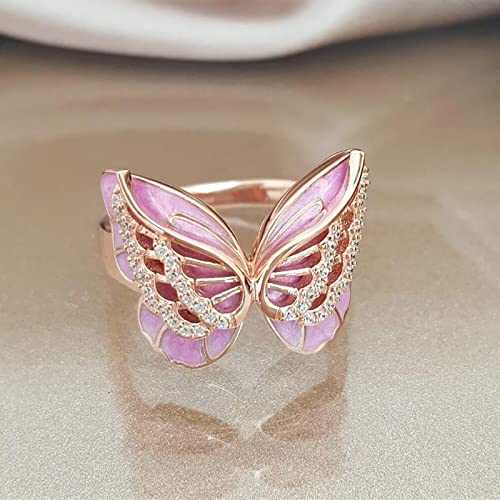 Women's Butterfly Ring Engagement Rings Statement Rings for All Women Cute Promise Rings for Her (Pink, 6)