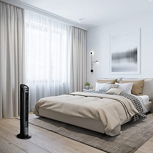 Seville Classics UltraSlimline Indoor Bladeless Oscillating Tower Fan Quiet Cooling LED Display Space-Saving for Home w/Remote and 7.5H Timer, Black, 40" 4-speed (75 degrees)
