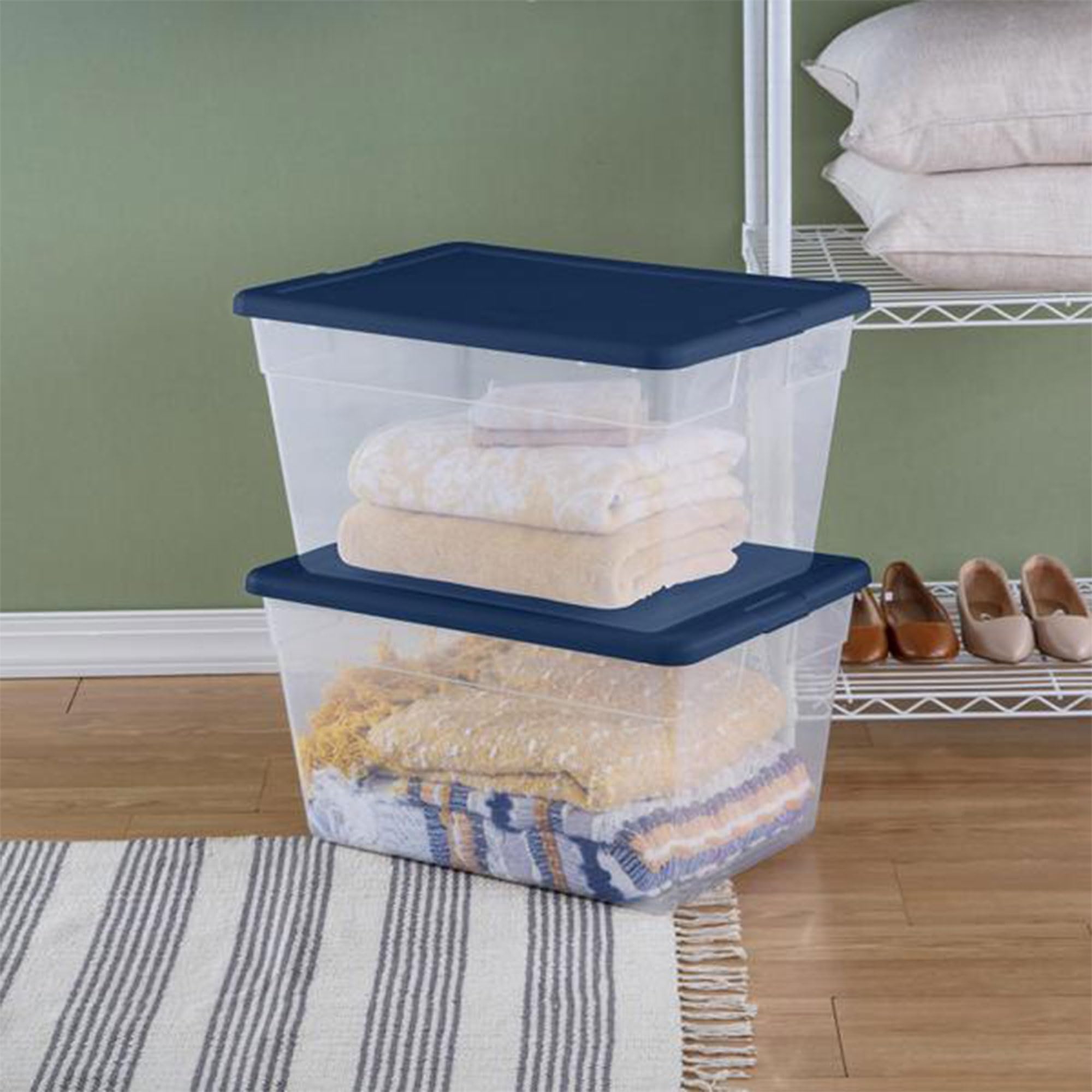 Sterilite Stackable 56 Quart Clear Home Storage Box with Handles and Marine Blue Lid for Efficient, Space Saving Storage and Organization (8 Pack)