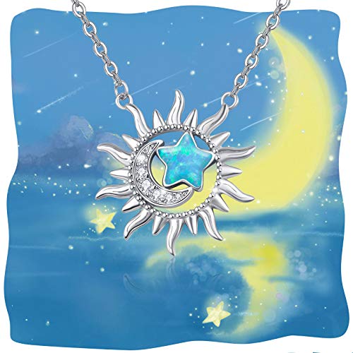 TRISHULA Moon Star Sun Necklace for Women, Sterling Silver Crescent Moon with Cubic Zircon Moonstone Twickling Star Pendant Necklace