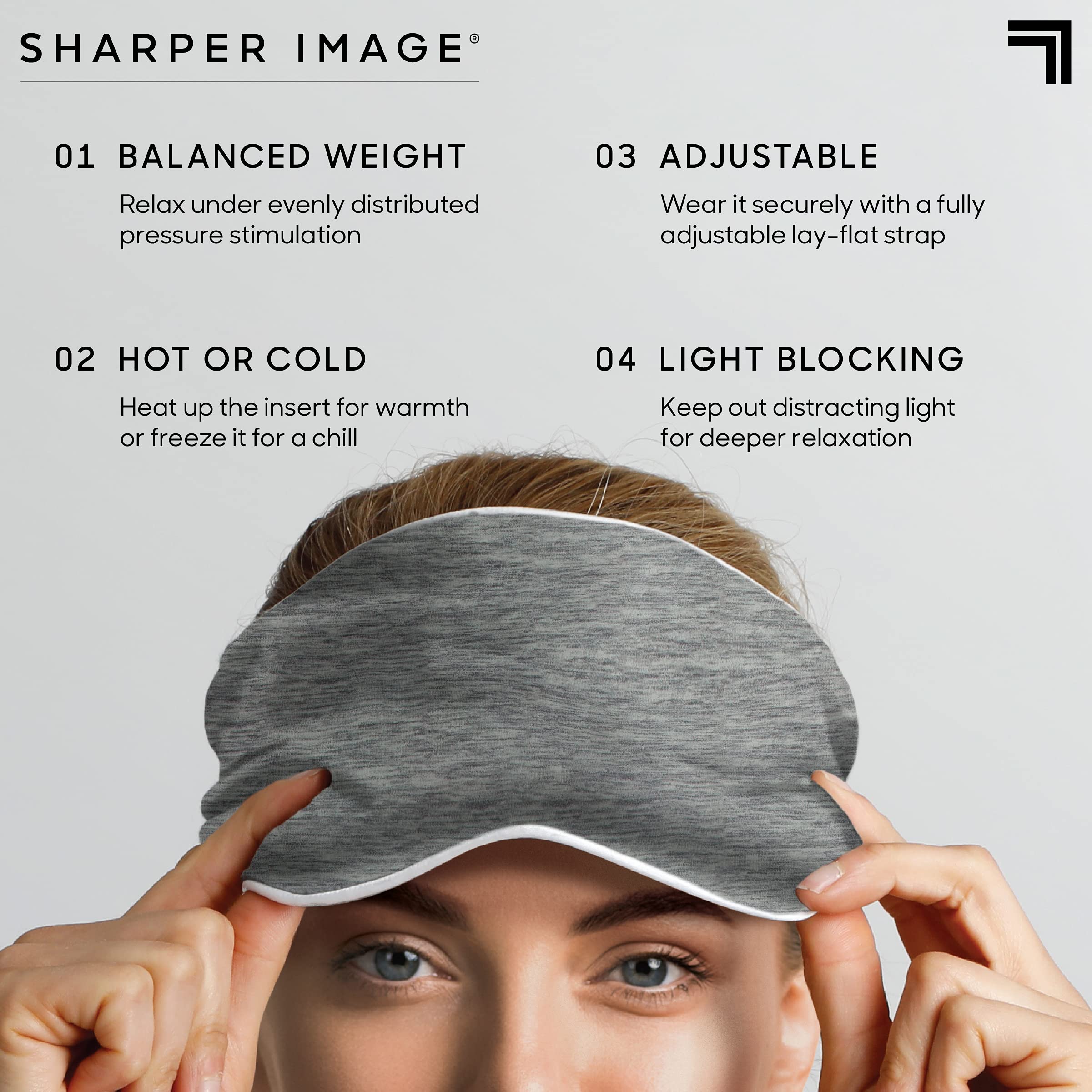 SHARPER IMAGE Weighted Comfort Eye Mask, Hot/Cold Insert, Light Blocking Pain Relief for Headaches Migraine Travel Naps, Adjustable Strap, Super Soft Micro-Plush Fabric