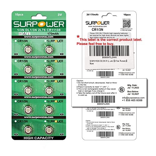 SURPOWER CR1/3N 3V Lithium Battery 10 Pack 【5-Year Warranty】