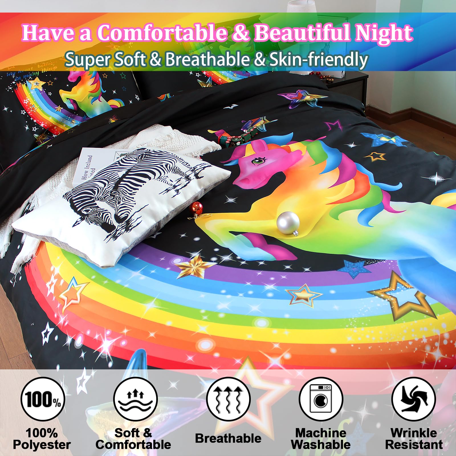 SFJ-CA Unicorn Rainbow Duevt Cover Twin for Girls, Reversibel Double Side Printed, Super Soft Bedding Comforter Cover with 2 Pillowcases, Kids Lovely Starry Unicorn Pattern