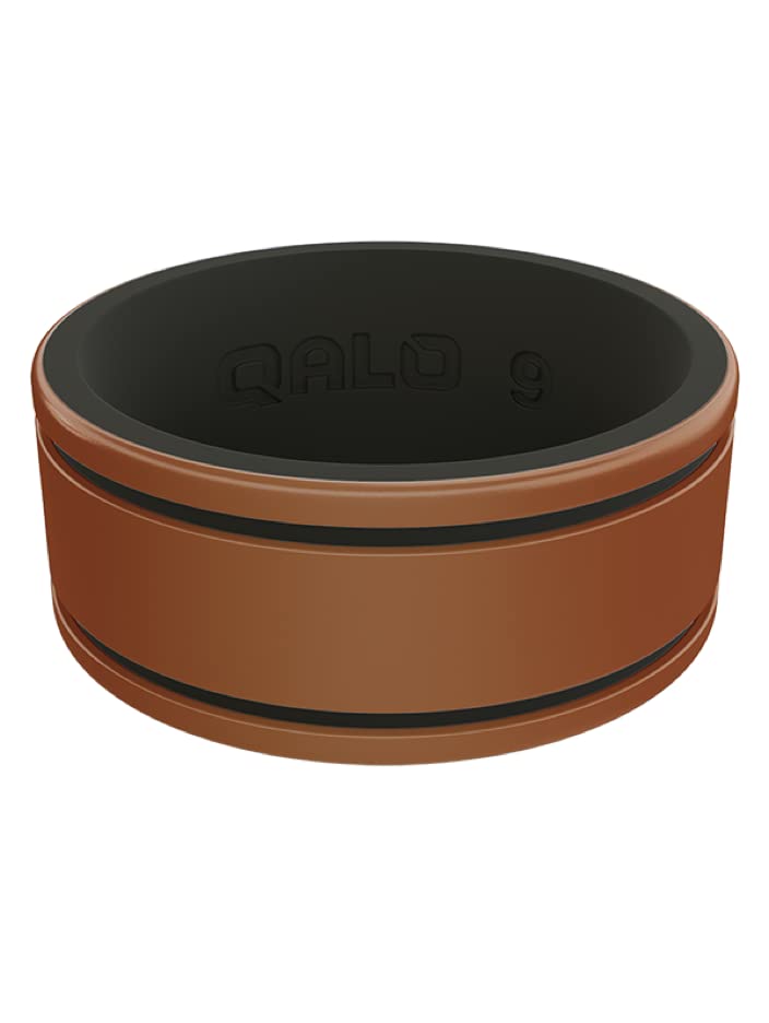 QALO Men's Rubber Silicone Ring, Metallic Striped Strata, Comfort Fit, Silicone Rubber Wedding Band, Breathable, Durable Wedding Ring for Men, 9mm Wide 1.85mm Thick, Copper & Black, Size 9