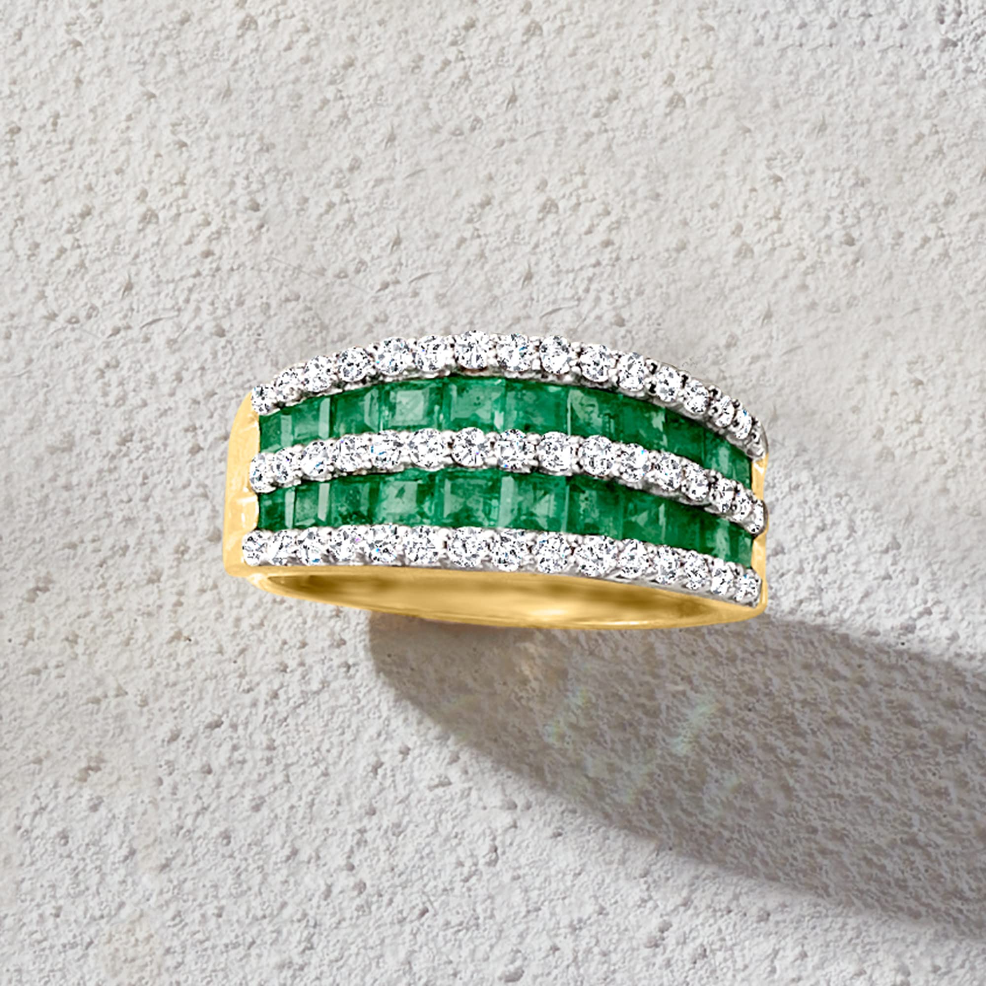 Ross-Simons 1.50 ct. t.w. Emerald and .73 ct. t.w. Diamond Multi-Row Dome Ring in 14kt Yellow Gold. Size 7