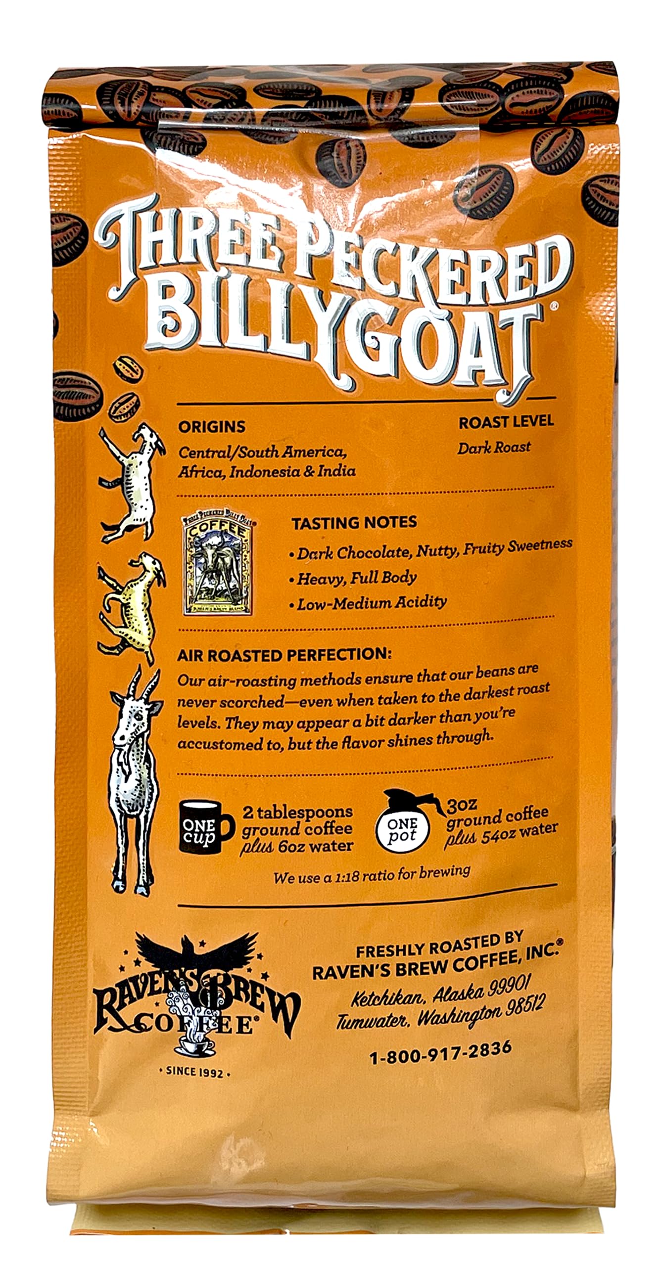 Raven's Brew Coffee High Caffeine Coffee Dark Roast Whole Bean β Three Peckered Billy Goat 2-pack of 12oz