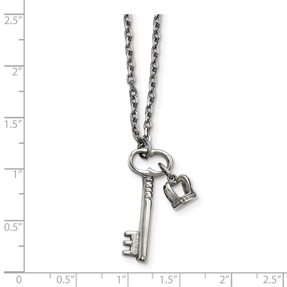 Solid Stainless Steel Key and Crown Emperor Royal King Queen Pendant 2 inch extension Pendant Necklace Charm Chain - with Secure Lobster Lock Clasp 15.5"