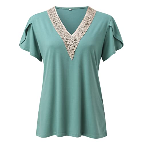 Women's Casual Summer V Neck Solid Color Hollow Gold Lace Stitching Bubble Short Sleeve Loose T Shirt Top