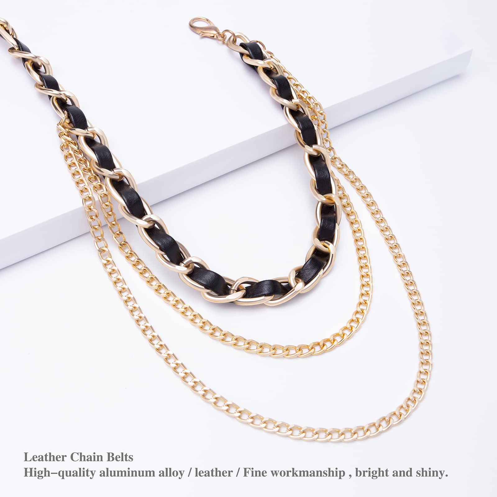 Women's Chain Belts Leather Multilayer Metal waist chains Adjustable Link Belts Body Chain Plus Size for Ladies Dress Jeans, 01black, 105cm