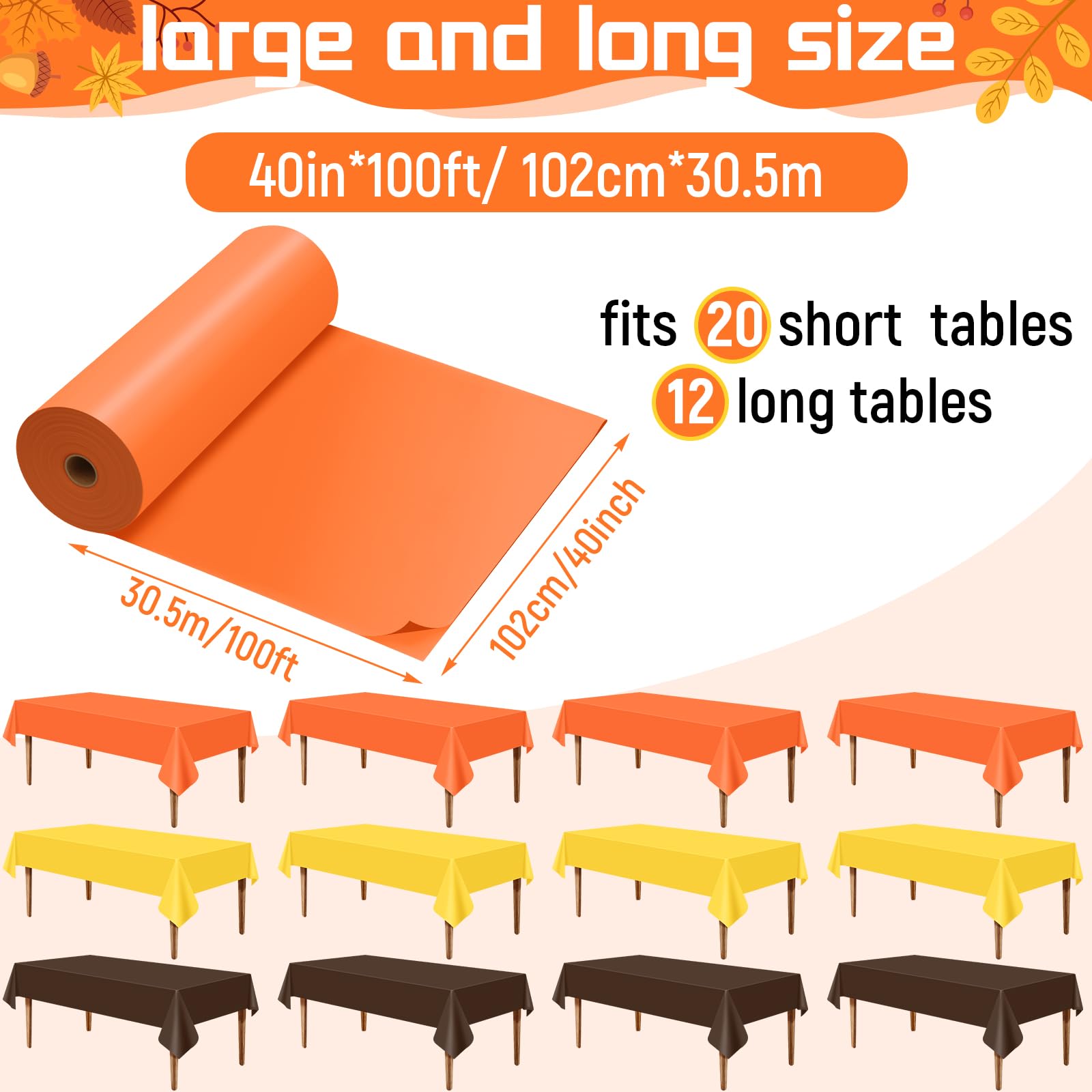 Preboun 3 Pcs Thanksgiving Disposable Tablecloth Roll Plastic Table Cover Roll Table Cloth for Fall Thanksgiving Parties and Decorations,40" x 100'(Coffee, Orange, Yellow)