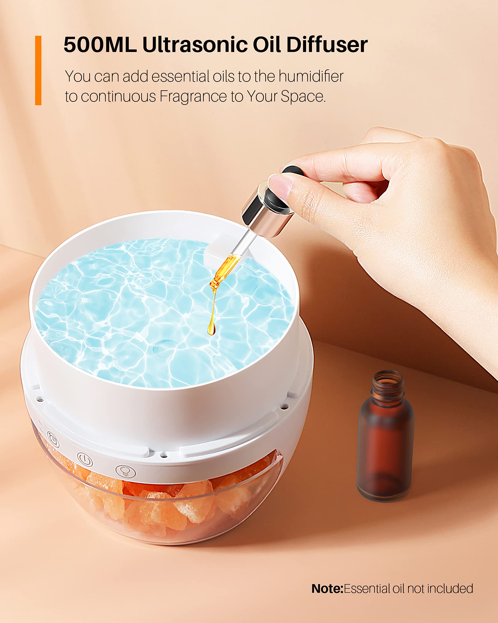 PROALLER 3-in-1 Himalayan Crystal Salt Lamp & Quiet Ultrasonic Essential Oil Diffuser & Cool Mist Humidifier for Bedroom, 2 Changing Light, 500ml Air Machine with Auto Shutoff, without Essential Oil