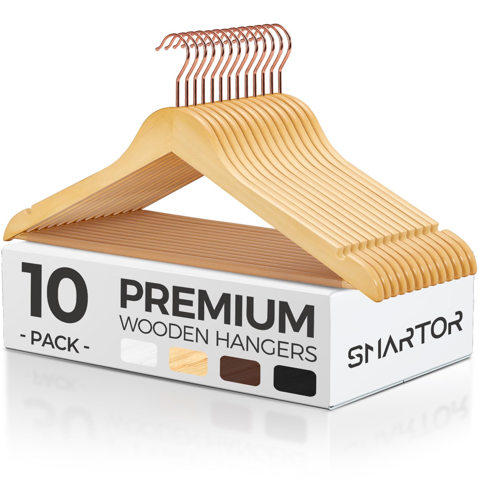 Smartor Wooden Hangers 10 Pack, Durable Coat Hanger Wood Hangers with Bar, Premium Suit Hangers for Men Women - Heavy Duty Hangers Pants Hanger Set with 360° Rose Gold Rotatable Hook, Natural