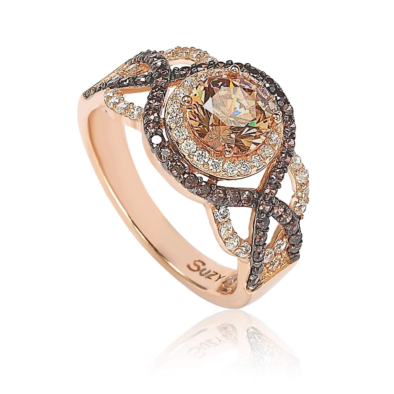 Suzy Levian Rosed Sterling Silver Brown Cubic Zirconia Crossover Bridal Ring - Brown/White