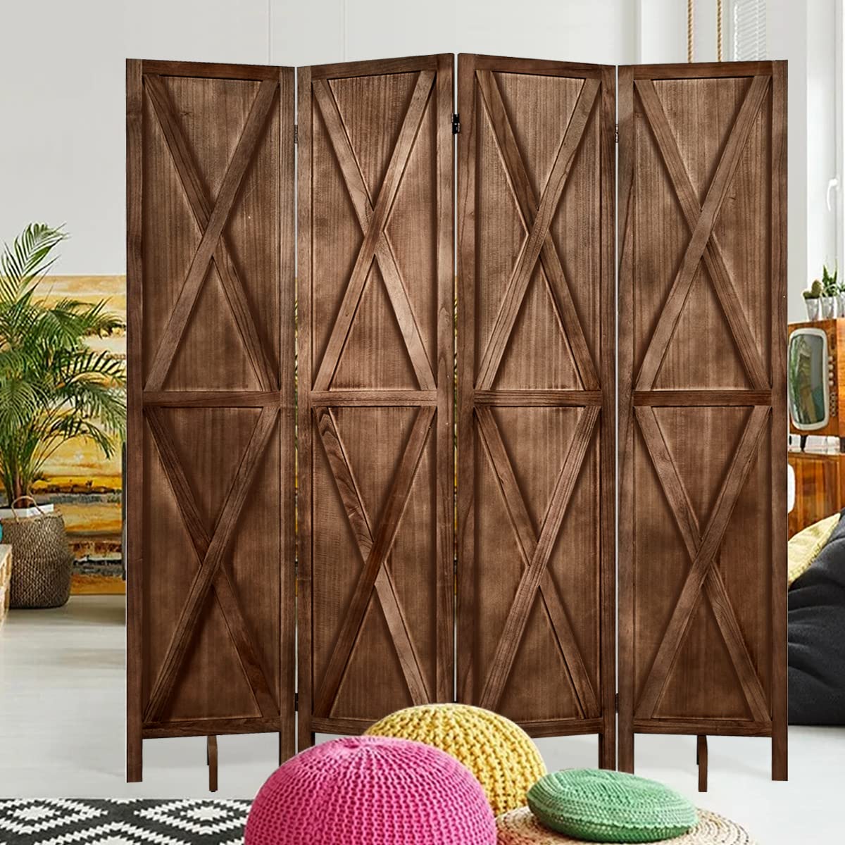 RHF 5.8 Ft.Tall 16" Room Dividers, Wood Folding Privacy Screens,Partition Wall Dividers for Rooms, Room Separator, Temporary Wall, Foldable Screen Panel with Feet4 Panel, Brown