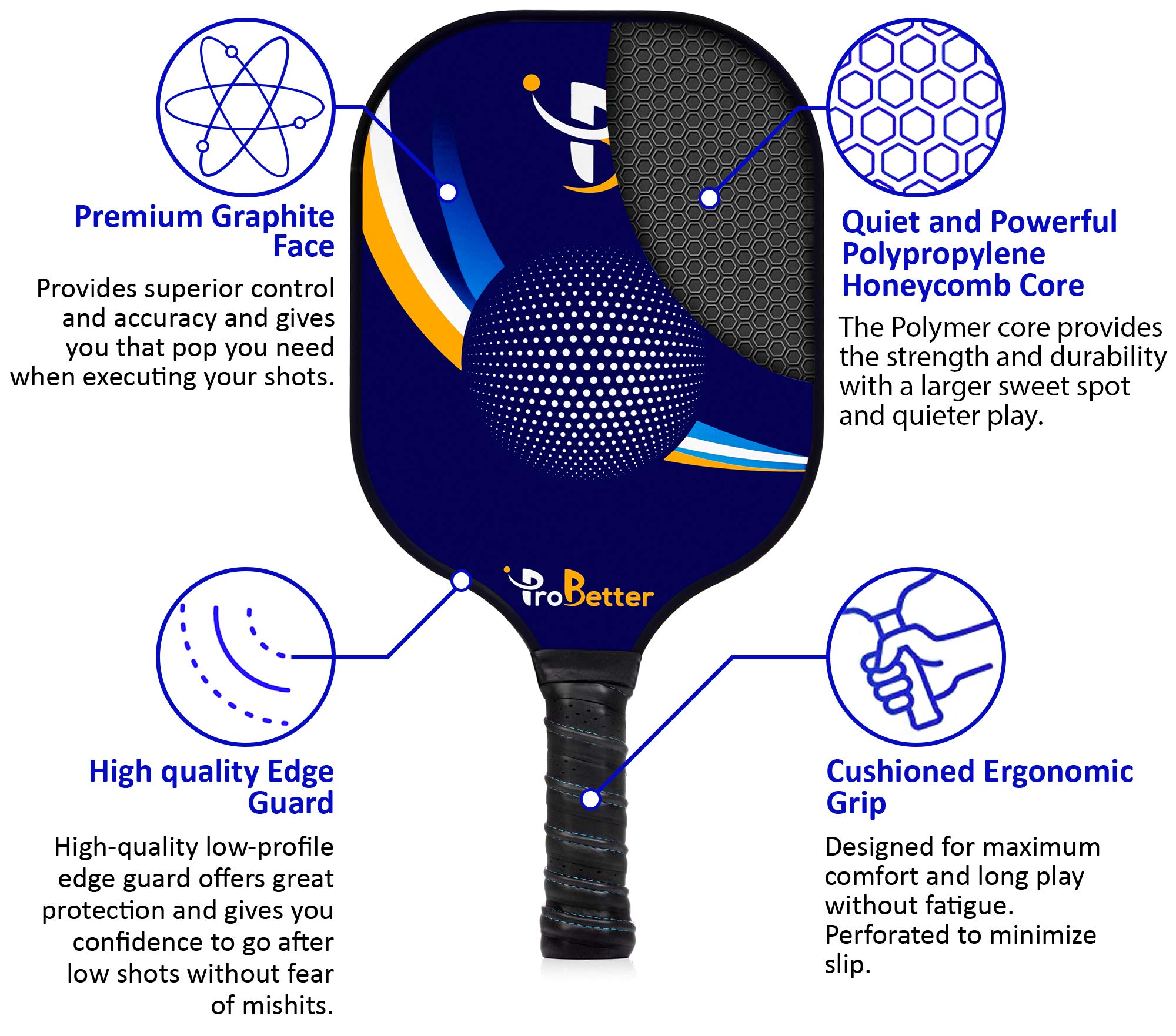 ProBetter Pickleball Paddle - USAPA Approved - Graphite Face Honeycomb Core - Edge Guard - Pickleball Racket Cover - Premium Cushion Grip Provides Perfect Balance Power Control for All Players