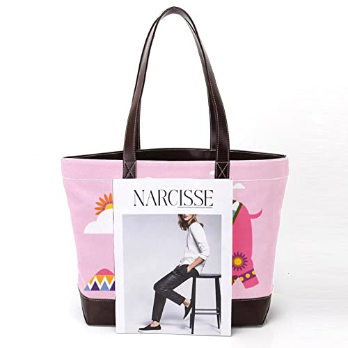 Women's Large Size Canvas Shoulder Bag Hobo Crossbody Handbag Casual Tote, Pink Retro Floral Elephant