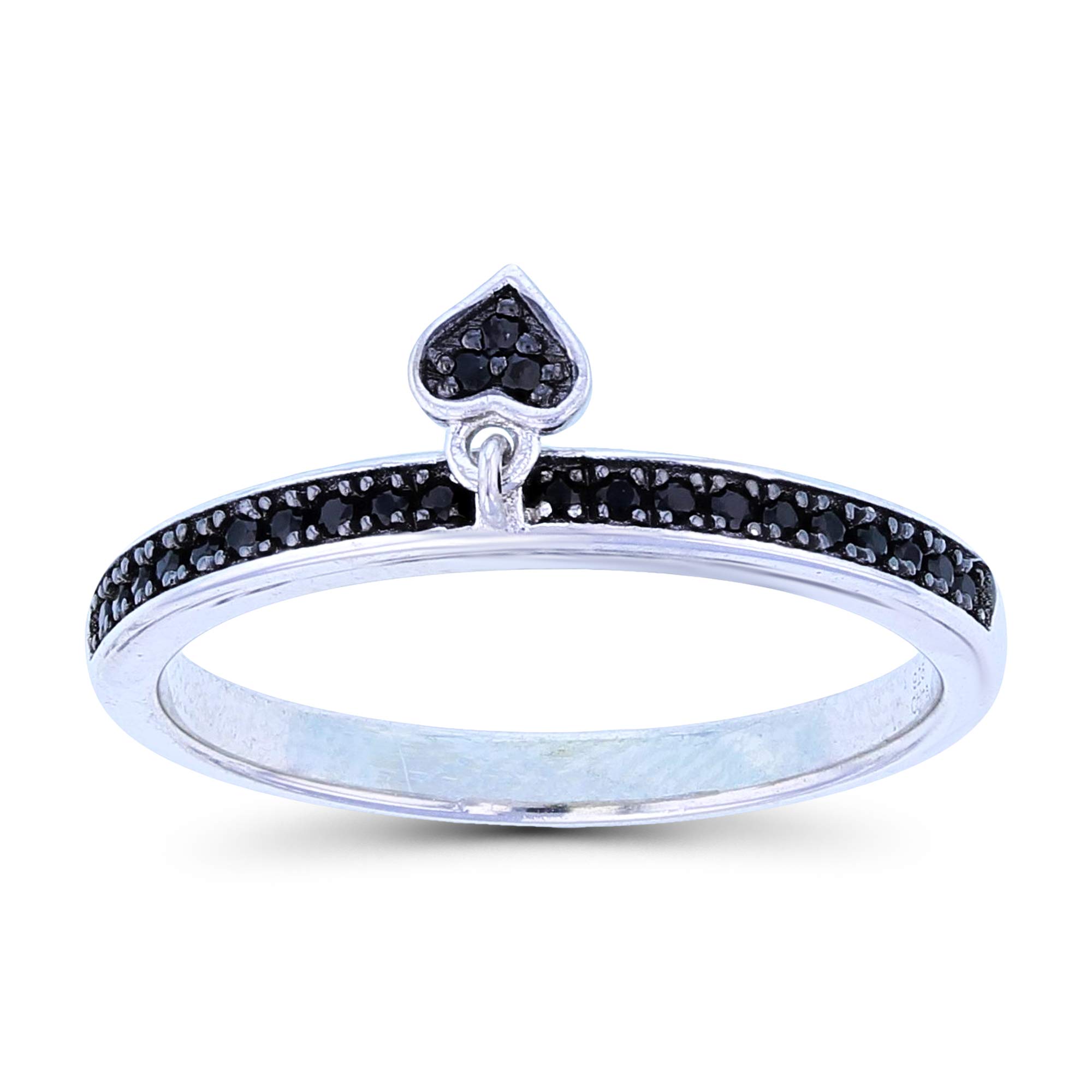 Sterling Silver Black & Rhodium Black Spinel Dangling Heart Ring